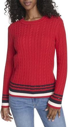Tommy Hilfiger Pull torsad&eacute; en Coton &agrave; col Rond pour Femme, Multicolore &eacute;carlate, Taille XS