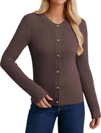 Grace Karin Strickjacke Damen Elegant Rundhals Langarm Herbst Cardigan Damen mit Kn&ouml;pfen Business Blazer Jacke Braun XXL