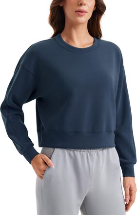 CRZ YOGA Damen SoftAura Oversized Sweatshirt Langarm Shirt Basic Workout L&auml;ssig Rundhalsausschnitt Pullover Tinte Blau 38