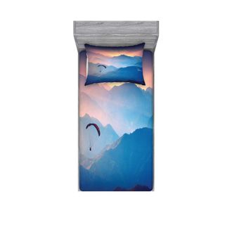 Abakuhaus Sport Buntes Spannbetttuch- und Kissen-Set, Paraglide Sun Mountains, dekoratives und bedrucktes 2-teiliges Bettw&auml;scheset, 90 cm x 190 cm, Blau Rosa