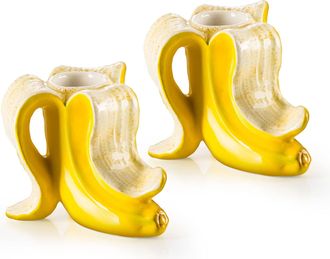 Donkey Donkey Products Banana Romance Kerzenhalter 2er Set in der Farbe Gelb aus Dolomit Keramik, 7x8,5x7cm, 210735