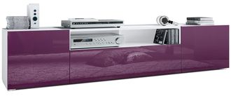 Vladon Lowboard Mogan, TV-Kommode mit 2 T&uuml;ren, 1 Klappe und 1 offenes Fach, Wei&szlig; matt/Brombeer Hochglanz (181 x 39 x 35 cm)