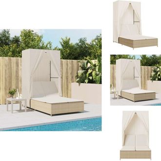 vidaXL Doppel-Sonnenliege mit Dach und Vorh&auml;ngen Beige Poly Rattan - Doppel-Sonnenliege - Liege - Gartenm&ouml;bel - Outdoor Liege - Sonnenschirm