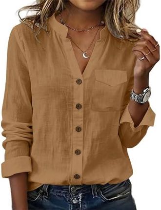 Generic Chemise boutonn&eacute;e en lin pour femme, col mandarin, manches longues, tunique d&eacute;contract&eacute;e avec poche de poitrine, hauts d&eacute;contract&eacute;s, kaki, XXL