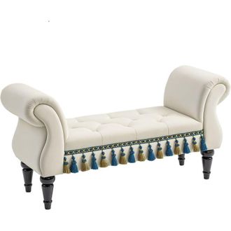 HOMCOM Sitzbank Polsterbank, Samtoptik, Luxus Bettbank mit Holzbeine, Flurbank f&uuml;r Schlafzimmer, bis 150 kg Belastbar, Beige, 117 x 40 x 58 cm - Homcom