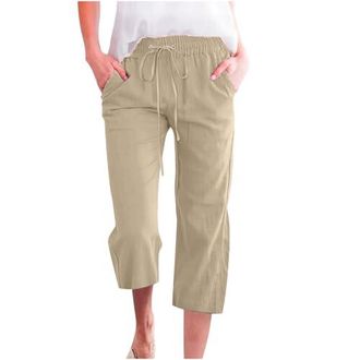 Generic Pantalon capri en lin pour femme - Style d&eacute;contract&eacute; - Avec cordon de serrage - Taille &eacute;lastique - Jambe large - Avec poches, kaki, XXL
