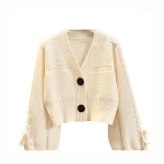 Generic Cardigan court en tricot pour femme - Col en V - Manches lanternes - Manteaux amples, Beige/blanc., Taille XS