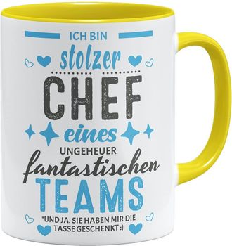 OM3 Ich bin Stolzer Chef eines ungeheuer fantastischen Teams Tasse - Keramik Becher - 11oz 325ml - Beidseitig Bedruckt - Gelb