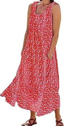 Generic Robe Femme Robe de Plage Femme Ete Robe Longue Boheme Manches Courtes avec Poche Vintage Chic et Elegant Grande Taille Couleur Unie Casual Respirant L