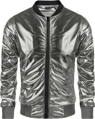 Generic Blouson Baseball Homme &agrave; Paillettes M&eacute;talliques Brillant Style Disco Ann&eacute;es 70 Veste Bomber D&eacute;contract&eacute;e pour F&ecirc;te, Danse, Discoth&egrave;que - Fermeture &Eacute;cl