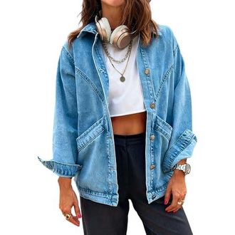 Generic Veste en jean surdimensionn&eacute;e boutonn&eacute;e &agrave; manches longues pour femme, bleu, XXL