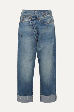 R13 Jean Large Asymétrique Taille Haute Effet Vieilli Crossover - Bleu