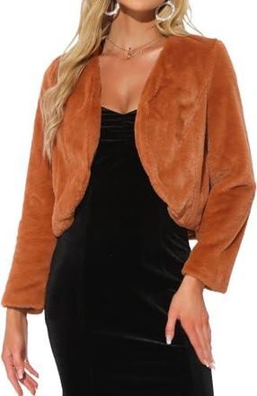 Allegra K Veste courte pour Femme en fausse fourrure à manches longues ouvert devant boléro dhiver manteau Caramel L