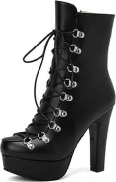 Generic Bottes Femme Cheville À Lacets Plateforme Similicuir Talons Aiguilles Hauts Semelle Antidérapante Durable Chaussures Confortables Mode Élégantes,Noir,