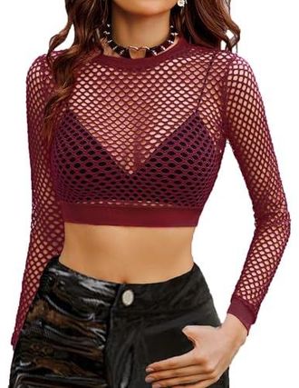Avidlove Haut sexy en maille pour femme - Manches longues - Clubwear - Crop - Loisirs - Col rond - F&ecirc;te de la bi&egrave;re - Haut en maille, Bordeaux, XXL