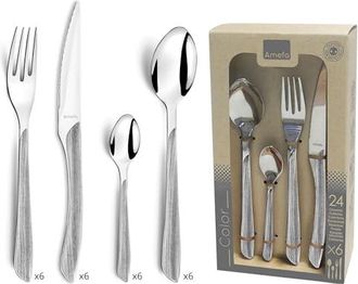Amefa ECLAT Besteck Set NATURE Grau Holz Essbesteck 24-teilig für 6 Personen Edelstahl rostfrei Kunststoff-Griffschalen in Holzoptik spülmaschinenfest Beste
