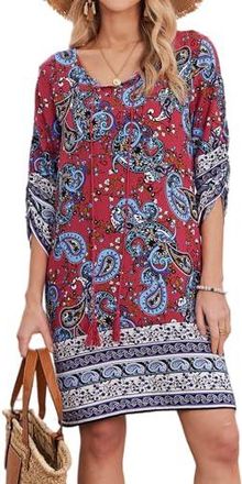 Beyove Tunique Femme Bohème Tunique de Plage Vintage Manches 3/4 Col Rond Motif Floral Courte Été Taille L