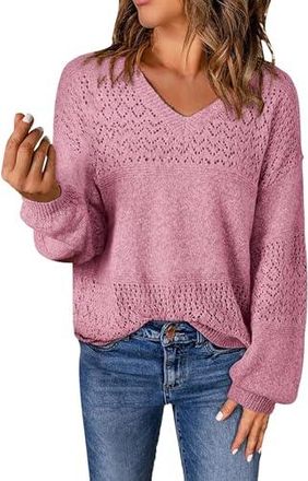 Generic Pull tendance pour femme avec col en V ajouré pour lautomne et lhiver - Pull habillé décontracté en tricot au crochet - Vintage - Pour les vacances, r