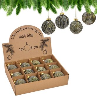 Matches 21 Weihnachtskugel filigrane Christbaumkugeln aus Glas 12er Set - Weihnachtsschmuck Ø 6 cm, Hängedeko für Weihnachtsbaum - Festliche Glas Weihnachtsbaums