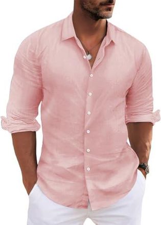 Onsoyours Chemise Lin Homme Manches Longues Été Col V Décontractée Bouton Shirts de Plage Classique Regular Fit Chemises B Rose 3XL