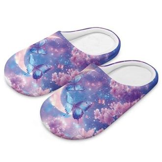 Coloranimal Pantoufles de spa &agrave; bout ferm&eacute; pour femme, chaussures dint&eacute;rieur en coton et lin, pantoufles dint&eacute;rieur en coton, Fleur Rose Papillon Lune, 35.5/36.5 