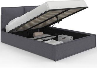 IDMarket Bett mit Bettkasten, Doppelbett, Pilou mit Kopfteil, Kopfkissen und Lattenrost, 140 x 190 cm, Stoff, Anthrazitgrau