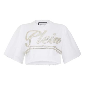 Philipp Plein Cropped T-Shirt Strass Signature - - Tops - Damen - Wei&szlig; - S
