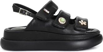 Caf&egrave;noir Sandales En Cuir Avec Boutons Et Velcro, Pour Femme, Couleur Noir, Taille 41