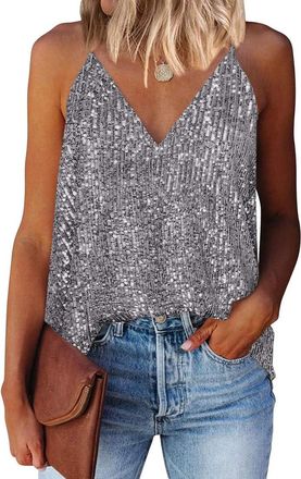EUDOLAH &Auml;rmellose Damen Unterhemden mit Pailletten schimmerndes Oberteil Glitzer Top Tanktops Party Tunika Glitzerbluse, Hellgrau, Size 2XL