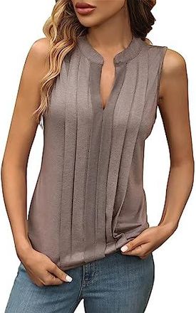 Generic T-shirt sans manches pour femme - Haut dété tendance et confortable - Élégant col en V plissé - Haut pour femme, kaki, M