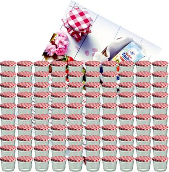 MamboCat 100er Set Sturzglas 230 ml Marmeladenglas Einmachglas Einweckglas to 82 rot Karierter Deckel incl. Diamant-Zucker Gelierzauber Rezeptheft