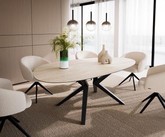 DELIFE Esstisch Edge Oval 220x120 Keramik LaminamTravertino Bianco Creme-Wei&szlig;? Zenthara kantig Metall Schwarz, Esstische