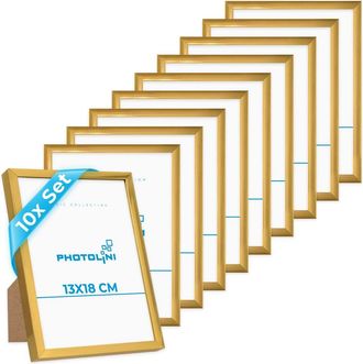Photolini Bilderrahmen 13x18 cm Gold, 10er Set Kunststoff-Rahmen schmal, bruchsicheres Acrylglas, zum Aufstellen und Aufhängen, extra Zubehör - Dokumentenrahmen