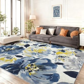 Generic Gris Bleu Tapis pour Salon 160 x 230 cm, Lavables avec Dos Antid&eacute;rapant, Tapis &agrave; Poils Courts Imprim&eacute; Vintage Floral Jardin P&eacute;tales pour Cuisine Salle