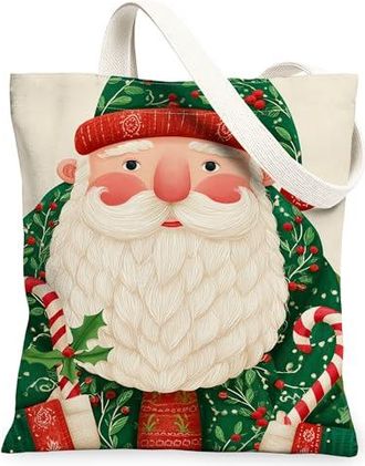 Generic Sacs fourre-tout en toile de P&egrave;re No&euml;l, motif personnages de vacances, sacs d&eacute;picerie r&eacute;utilisables, vintage, l&eacute;gers, lavables, vert, 13x15 Inch