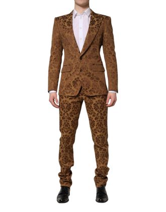 Dolce & Gabbana Mens Brown Floral Jacquard Sicilia 2 Piece Suit Cotton Polyester