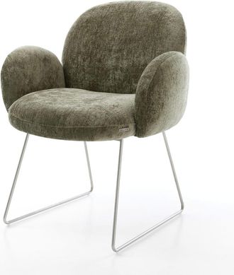 DELIFE Esszimmerstuhl Nube-Flex mit Armlehnen Chenille Olive Kufengestell Edelstahl Taschenfederkern, Esszimmerstühle
