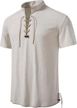 PARKLEES Chemises à manches courtes en coton à lacets rétro pour homme pour Renaissance Pirate Viking médiéval, Beige, blanc, XL