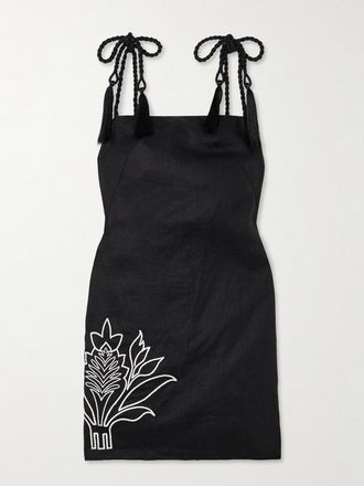 Andres Otalora Haath Minikleid Aus Leinen Mit Stickereien Und Troddeln - Schwarz