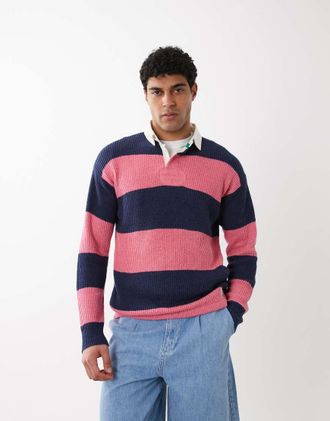 Polo Ralph Lauren Pull style rugby &agrave; logo embl&eacute;matique - Bleu marine et rose