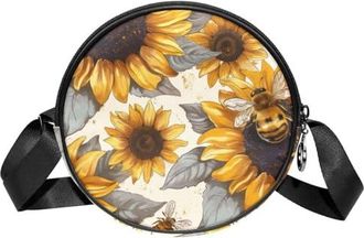 Generic Petit sac &agrave; bandouli&egrave;re rond pour femme, motif tournesol avec fermeture &eacute;clair, bretelles r&eacute;glables, style d&eacute;contract&eacute;, pour femmes et filles