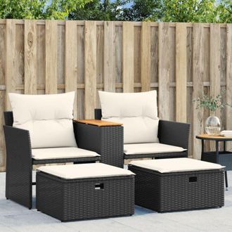 vidaXL Gartensofa 2-Sitzer mit Hockern Schwarz Poly Rattan - Vidaxl