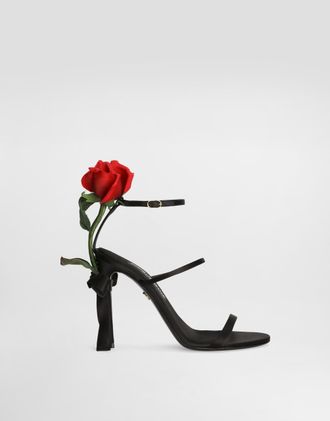 Dolce & Gabbana Sandalette Aus Satin Mit Rosenstickerei - Frau Sandalen Und Wedges Schwarz Viskose 36.5