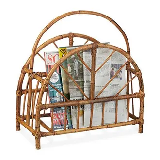 Relaxdays Zeitungsst&auml;nder Rattan, runde Zeitungsablage, Zeitschriftenhalter, HxBxT: 47 x 43,5 x 20,5 cm, Holz, Natur
