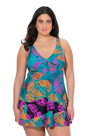 Ulla Popken Badekleid, Bl&auml;tter, Softcups, Powermesh-vorderfutter Maillot de Bain Une pi&egrave;ce, Noir, 48 FR/50 FR Femmes