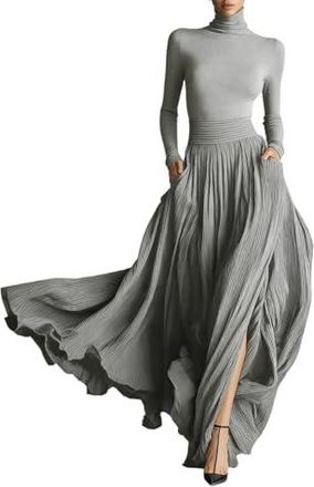 Minetom Robe Longue Manche Longue Femme Col Roulé Automne/Hiver Elegant Couleur Unie A Line Fente Latérale Dress avec Poches A Gris XXL