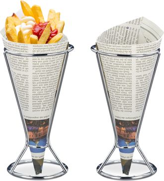 Relaxdays Pommeshalter 2er Set, Edelstahl, für Spitztüten mit Pommes, Chips, Gemüse, Snackhalter, HD 16 x 9,5 cm, silber