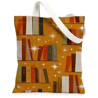 Generic Sac fourre-tout vintage en toile, imprim&eacute; biblioth&egrave;que &eacute;l&eacute;gante, sac d&eacute;picerie r&eacute;utilisable, l&eacute;ger et lavable, Orange, 13x15 Inch