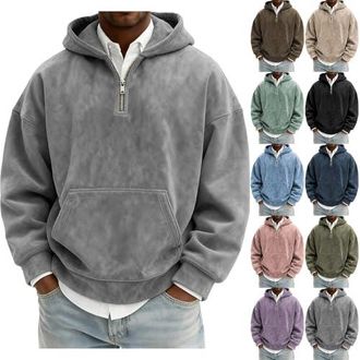 Generic Sweat à capuche chaud en daim pour homme avec demi-fermeture éclair à manches longues et poches - Confortable - Grande taille - Chemise dhiver vintage