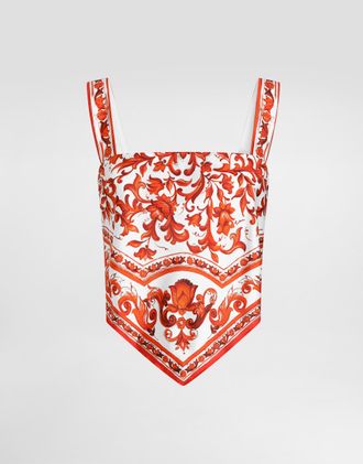 Dolce & Gabbana Bustier-top Aus Seidentwill Mit Majolika-print - Frau Blusen Und Tops Mehrfarbig 48